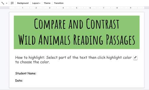 Wild Animals Reading Comprehension Passages Compare and Contrast with ...