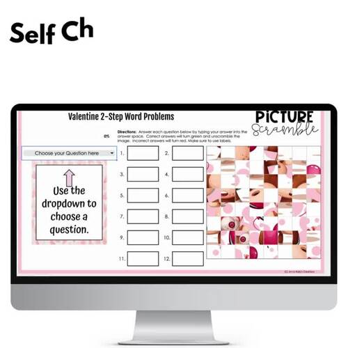 Valentine Math 2-Step Word Problem, Self-Check Digital, Practice Activity