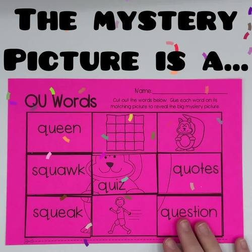 QU Words Digraph Mystery Pictures: Fun QU Cut and Paste Worksheets Matching