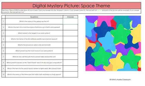 Digital Excel Mystery Picture for Grade 4 | Science Space Theme (Self ...