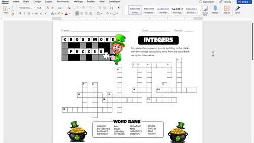 6th/7th Grade Math Fun Worksheet St. Patrick's Day Crossword Integers ...