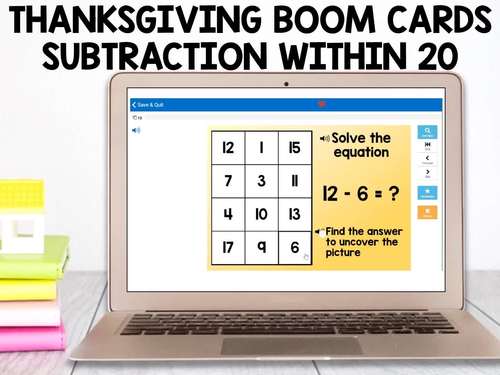 Thanksgiving Boom Cards | Subtraction within 20 Mystery Picture | TPT