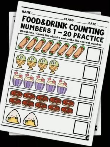 FOOD & DRINK COUNTING NUMBERS 1 - 20 PRACTICE WORKSHEETS | FOR Pre-K ...