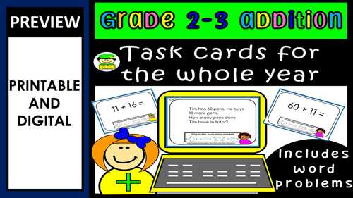 Grade 2-3 Addition Task Cards for Whole Year (Includes Digital Version)
