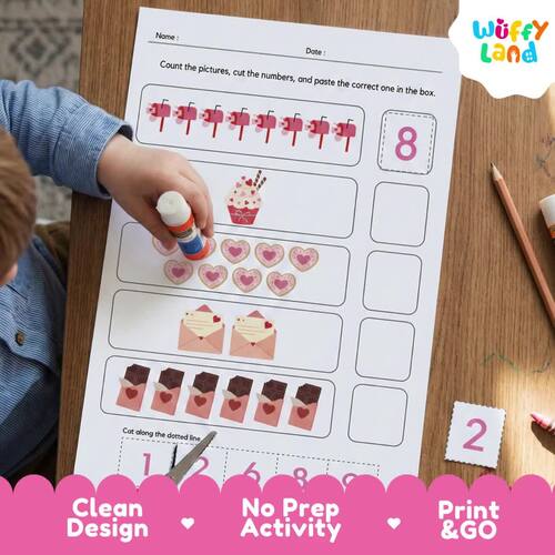 Valentine's Day Math Worksheets | Number Matching 1-10 | Cut and Paste ...