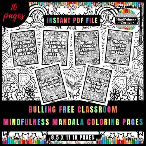 Bullying Free Classroom Coloring Pages, Mindful and Calm Down Corner