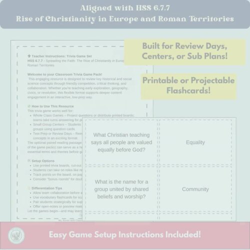 HSS 6.7.7 Trivia Game: Spread of Christianity – 20 Qs + Flashcards