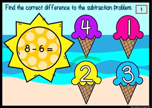 Summer Subtraction Facts 0-20 BOOM & Task Cards Digital Resource