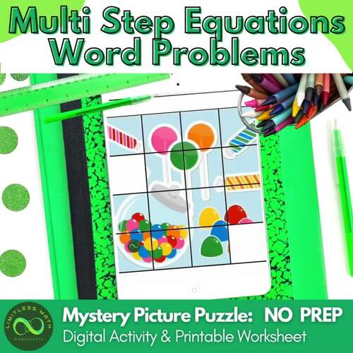 Multi Step Equations Word Problems - Self-checking Mystery Picture Puzzle
