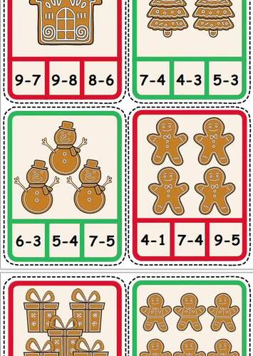 Christmas Gingerbread Subtraction : Numbers 1 to 20 - Fun Math Clip Cards
