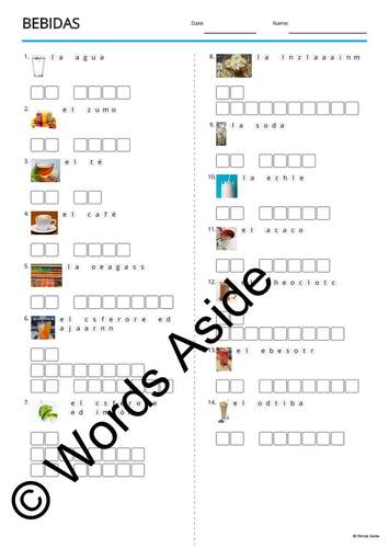 Spanish Vocabulary Worksheets Flash Cards Crossword Word Search Anagram ...