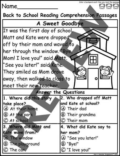 10 First Day of School/Back to School Reading Comprehension Passages ...