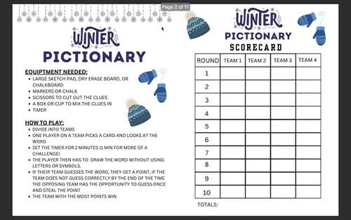 WINTER PICTIONARY, printable games, winter activity, snow day activity