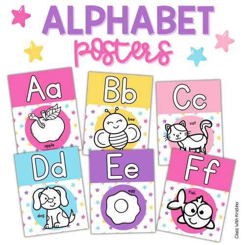 Cute Stars Alphabet Posters Elementary Classroom Decor Pink Blue Purple ...