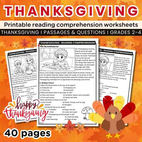 Thanksgiving Reading Comprehension Worksheets, Passages with Questions