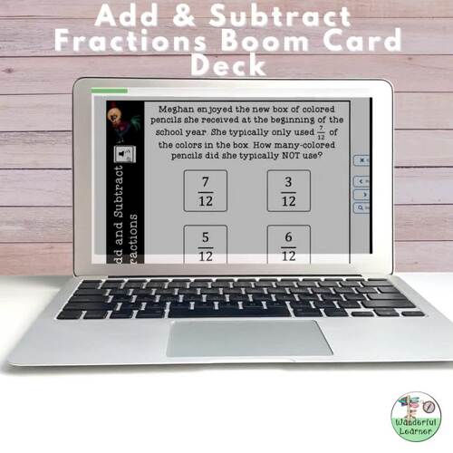 Add and Subtract Fractions Boom™ Cards Audio 4th 5th by Wanderful Learner