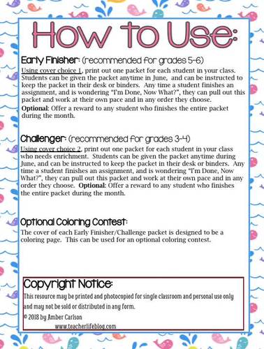 June Early Finisher (Gr. 5-6) or Challenger (Gr. 3-4) Packet | Distance ...