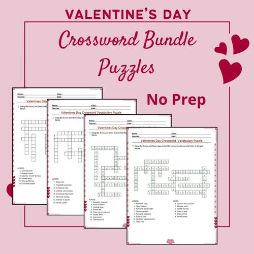 No Prep Valentines Day Vocabulary Bundle of 7 Crossword Puzzles Activities