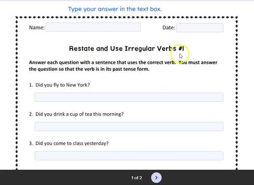 Irregular Verbs Past Tense and Restate Question Worksheets ESL ELL ...