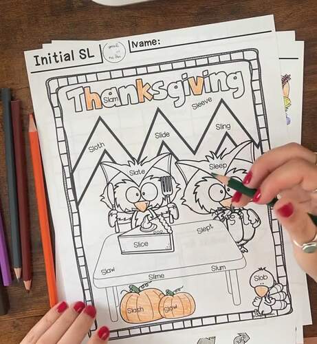 Consonant Blends Articulation Coloring Sheets | S L R Blends | Thanksgiving