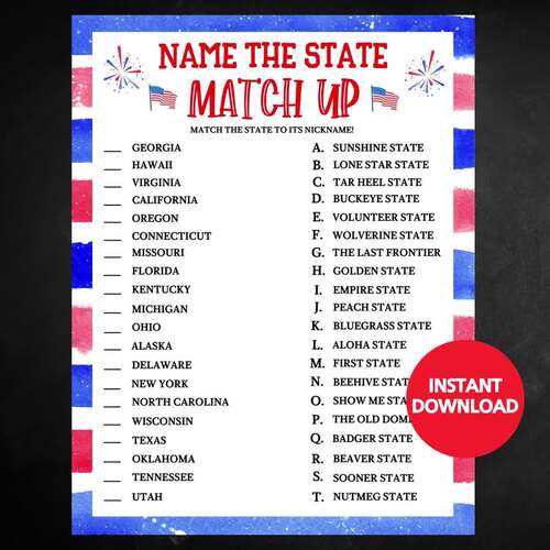 Name The State Game, Printable U.S. Trivia Game, Memorial Day, 4th of ...