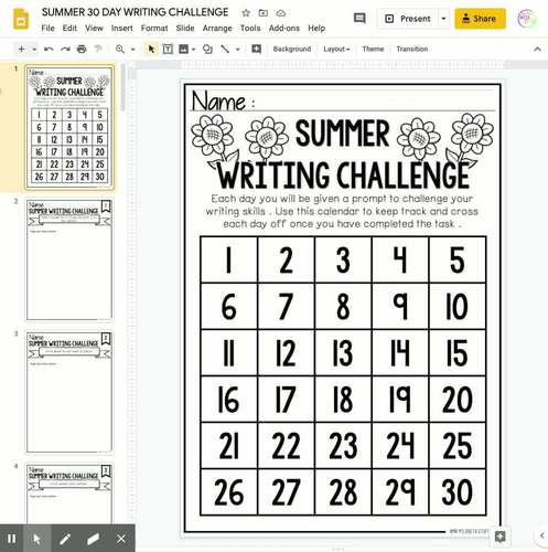 30 DAY WRITING PROMPTS // SUMMER EDITION // GOOGLE SLIDES AND PRINTABLES