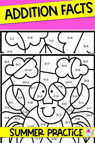 Summer Color by Number Addition Facts Sums 10 to 20 by Primary Piglets