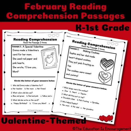 February Reading Comprehension Passages - Valentine-Themed for K -1st
