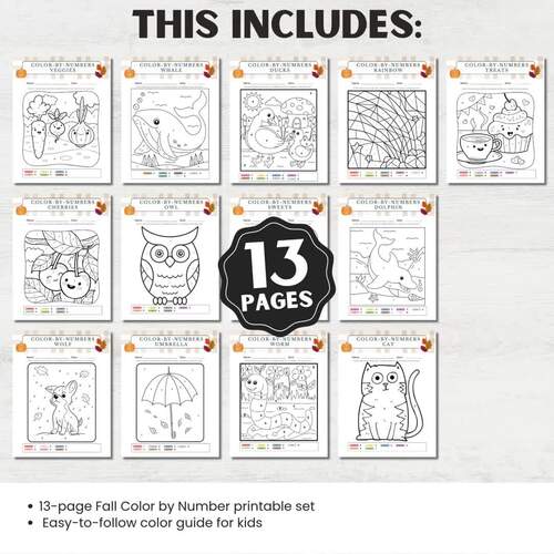Fall Color by Number Printables 13 Pages Autumn Coloring Activity for Kids