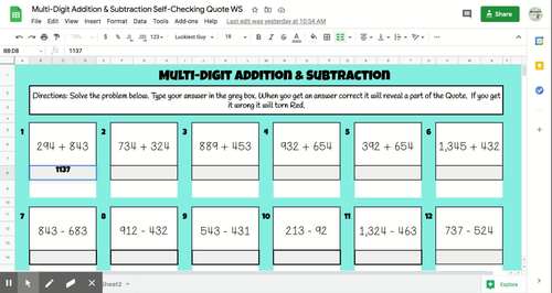 Multi-Digit Addition/Subtraction Self-Checking Digital WS by Hinzspire You