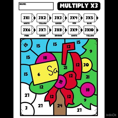 Christmas Holiday Color-by-Skill Worksheets | Multiply by 3 | 3rd Grade ...