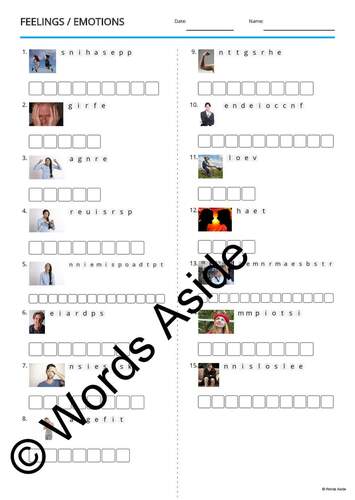 Vocabulary Puzzle Writing Worksheets Crossword Word Search Anagram FEELINGS