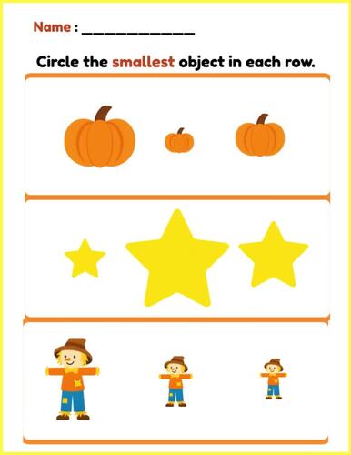 Circle the Smallest & Biggest Object Worksheets | Fall & Animal Theme |Prek