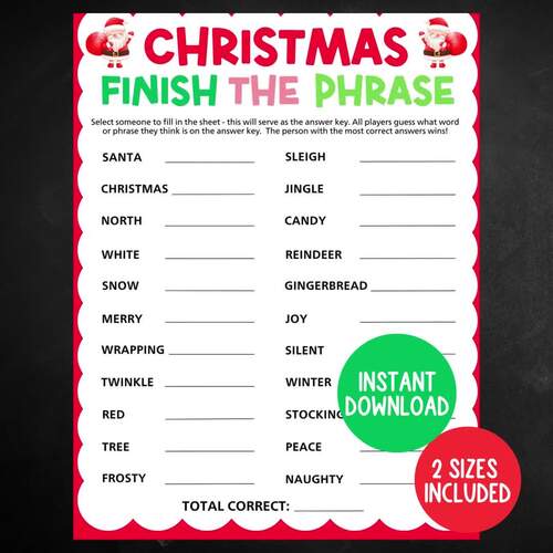 Classroom Christmas Game, Printable Christmas Finish The Phrase Game
