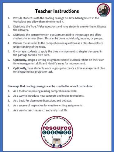 Time Management Reading Passage with Comprehension questions - Digital