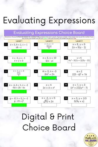 Evaluating Expressions Choice Board Digital and Printable by ...