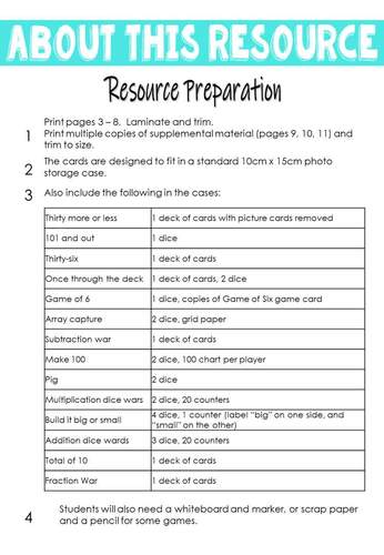 14 GRAB AND GO - Math Card & Dice Games to Fit Photo Box - Grades 2 - 6