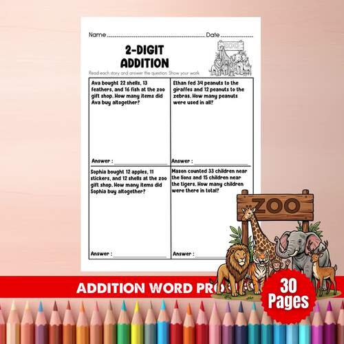Zoo 2-Digit Addition Word Problems Grade 2 Worksheets with Answers