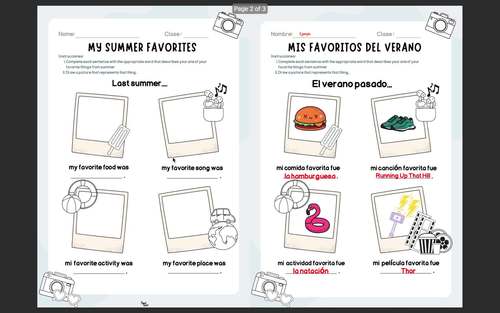 Back to School Spanish Activity | Summer Favorites | Mis favoritos del ...