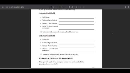 Student Pick-Up Authorization Form, Editable, Printable, Fillable Template