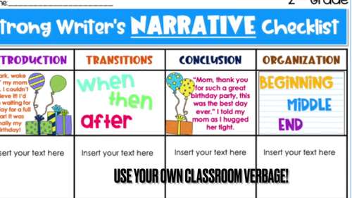 2nd Grade Narrative Writing Checklists- Customizable | TPT