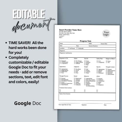 Therapy Notes for Therapist Office, Progress Notes Google Doc, Clinical ...
