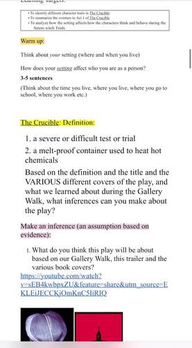 Act 1 Task Cards - THE CRUCIBLE - 12 DETAILED LESSONS | TPT