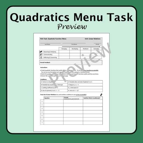 Quadratic Functions Math Menu Task | Creativity and Critical Thinking
