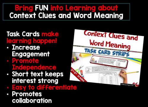 Context Clues and Word Meaning | Task Card Strips | 3rd, 4th and 5th grades