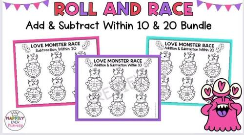 Valentine Roll and Race Math Dice Games - Addition & Subtraction Within ...
