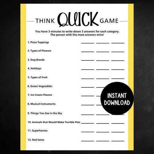 Classroom Icebreaker Game, Printable Think Quick Game, Classroom ...