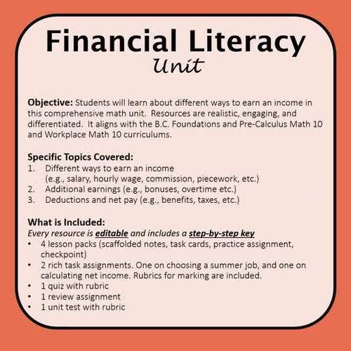Financial Math Literacy Unit | Earning an Income | Math 10 or Workplace ...