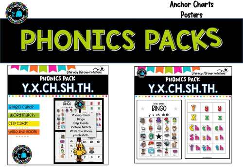 Phonics Bingo, peg cards, write the room, word match, worksheets Y X CH ...