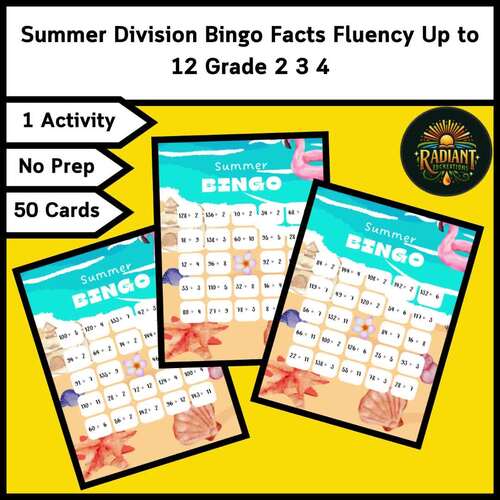 Summer Division Bingo Math Facts Fluency Up to 12 Fun Classroom Grade 2 3 4